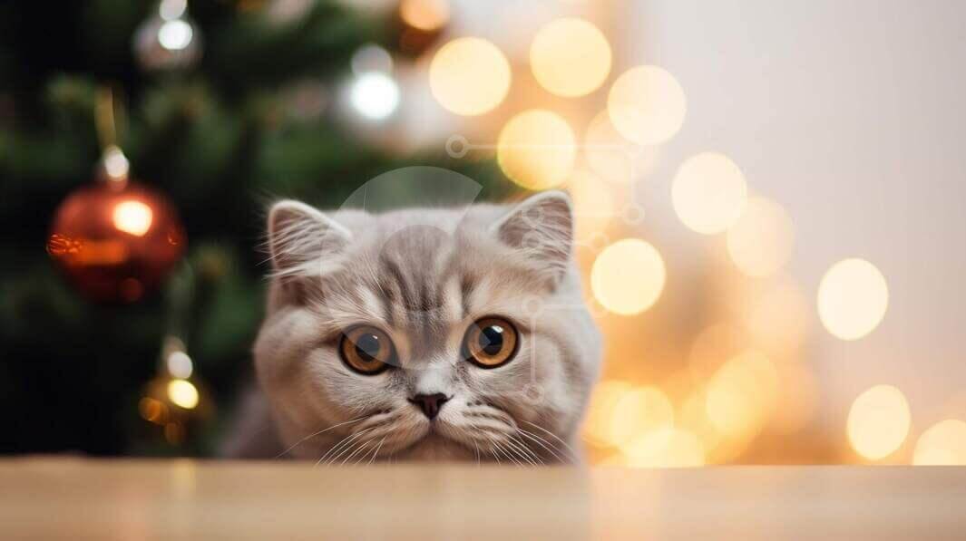 Adorable Gray Cat and Christmas Tree stock photo | Creative Fabrica