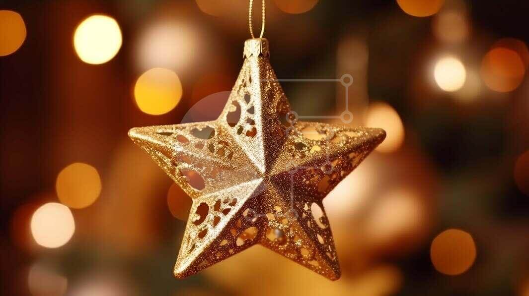 Golden Star Ornament on Christmas Tree stock photo | Creative Fabrica