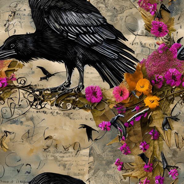 Download Two Black Birds on Branch with Flowers and Leaves Patterns ...