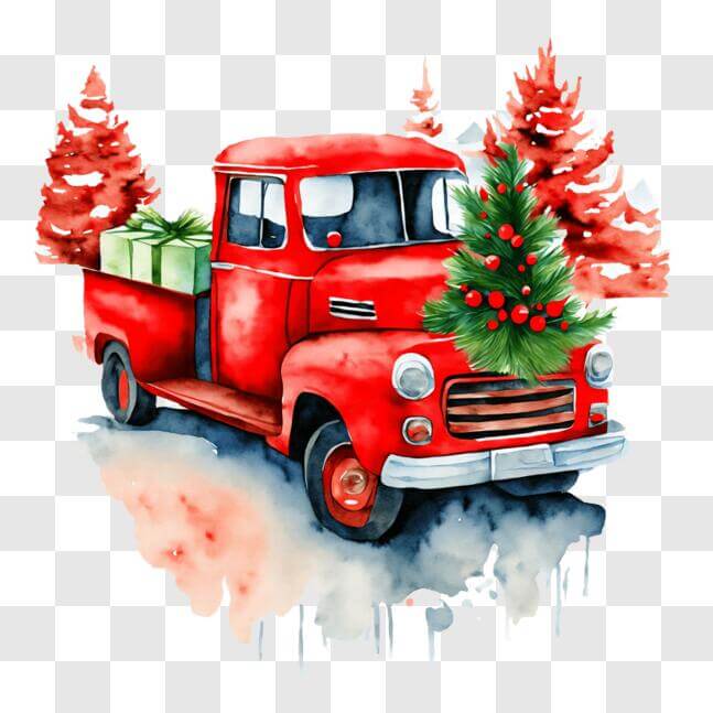 Download Red Truck with Christmas Decorations in a Snowy Forest PNGs ...