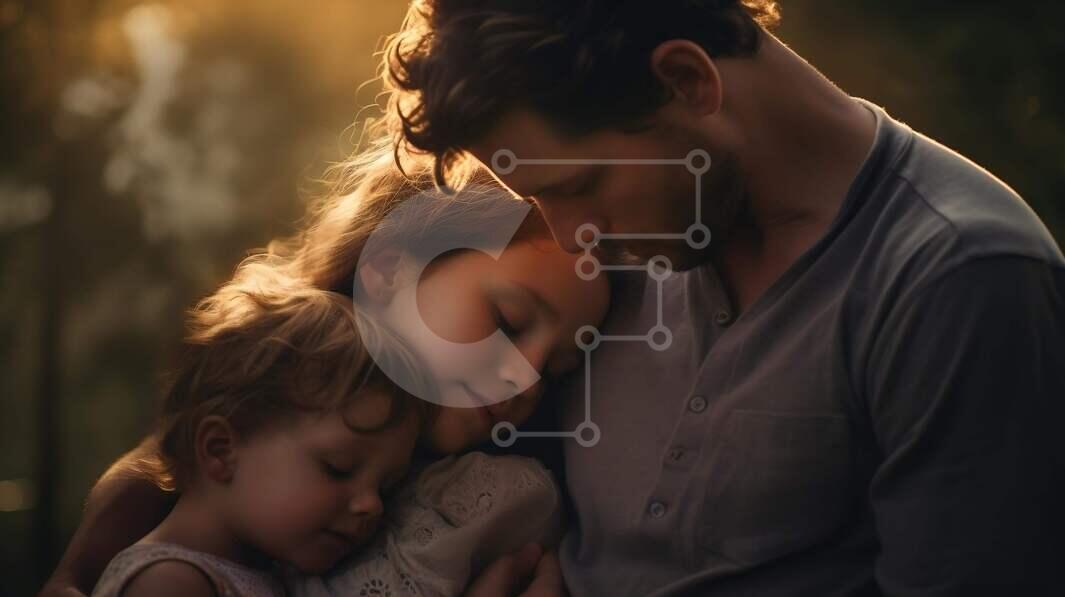 Heartwarming Moment: Man Caring for Two Children stock photo | Creative ...