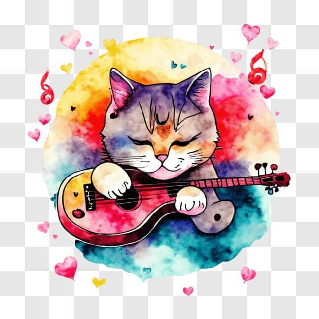 Download Cat Playing Ukulele with Hearts and Musical Notes PNGs Online ...