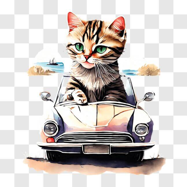 Download Cat Driving a Vintage Car by the Ocean PNGs Online - Creative ...