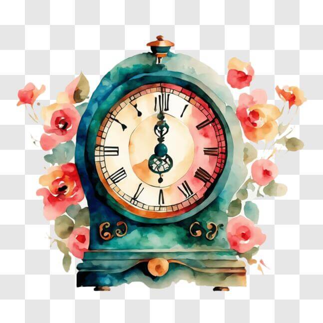 Download Antique Clock with Pink Flowers Watercolor Painting PNGs ...