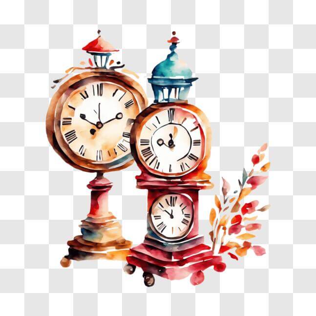 Download Watercolor Painting of Three Clocks with Floral Background ...