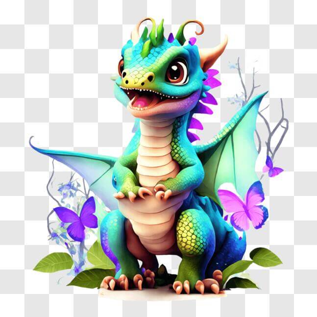 Download Playful Blue and Green Dragon with Flowers and Butterflies ...