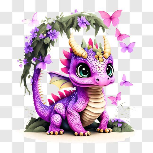 Download Cute Purple Dragon Sitting in Grass with Butterflies PNGs ...