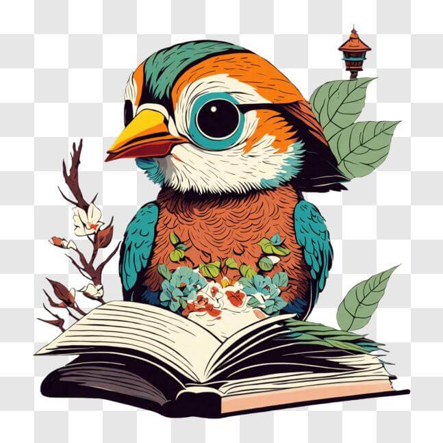 Download Colorful Bird Reading a Book in a Library PNGs Online ...