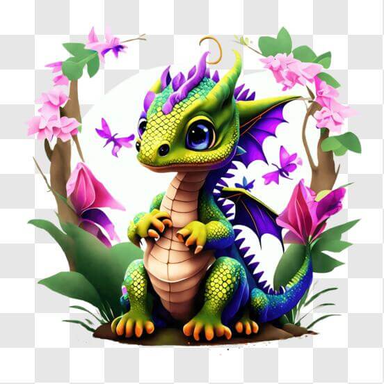 Download Colorful Dragon Sitting on Flowers PNGs Online - Creative Fabrica