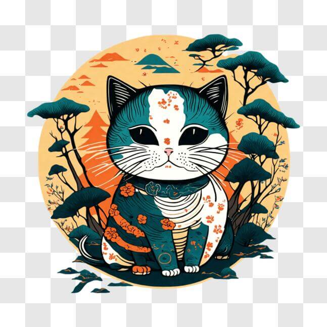 Download Japanese-Inspired Black and White Cat in the Woods PNGs Online ...