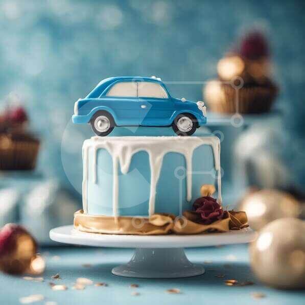 Festive Blue Car Cake with Icing and Cupcakes stock photo | Creative ...