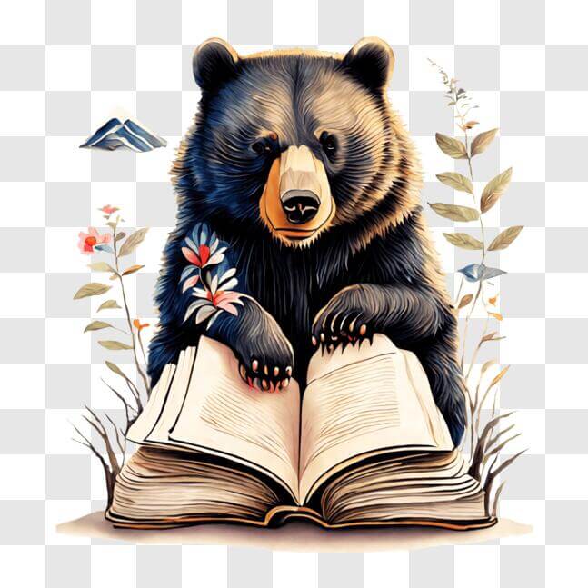 Download Black Bear Sitting on an Open Book with Flowers and Mountains ...