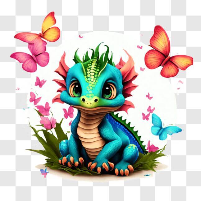 Download Cute Blue Dragon with Butterflies Illustration PNGs Online ...