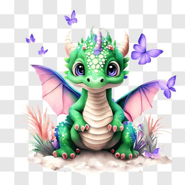 Download Adorable Green Dragon Sitting in Grass with Purple Butterflies ...