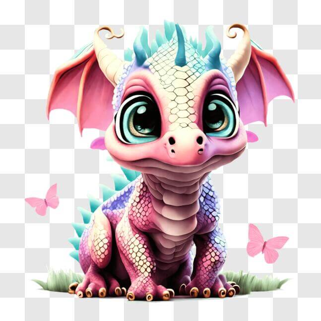 Download Small Dragon Sitting on Grass with Butterflies PNGs Online ...