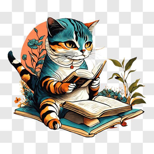 Download Cat reading a book surrounded by plants and flowers PNGs ...