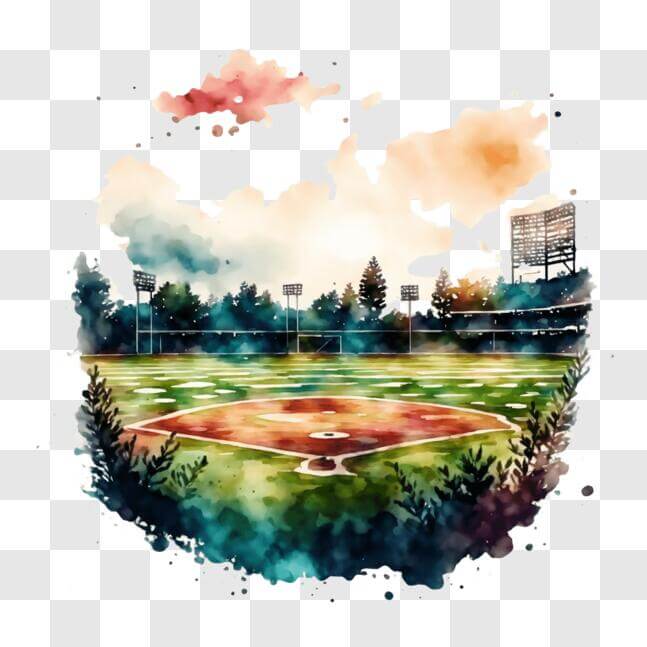 Download Watercolor Painting of a Baseball Field with Trees and Grassy ...