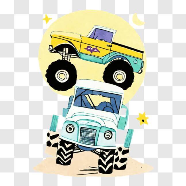 Download Colorful Stacked Monster Trucks with Moon in Background PNGs ...