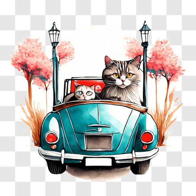 Download Two Cats in a Vintage Car with Flowers and Trees PNGs Online ...