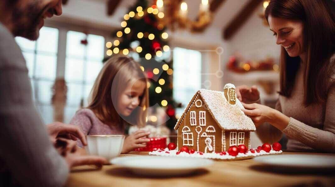 Family Fun Decorating Gingerbread House stock photo | Creative Fabrica