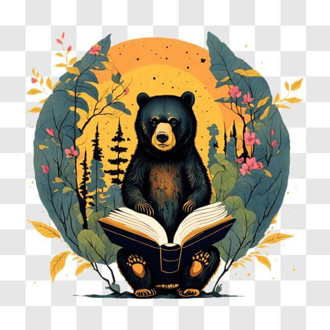 Download Black Bear Reading Book in Forest PNGs Online - Creative Fabrica