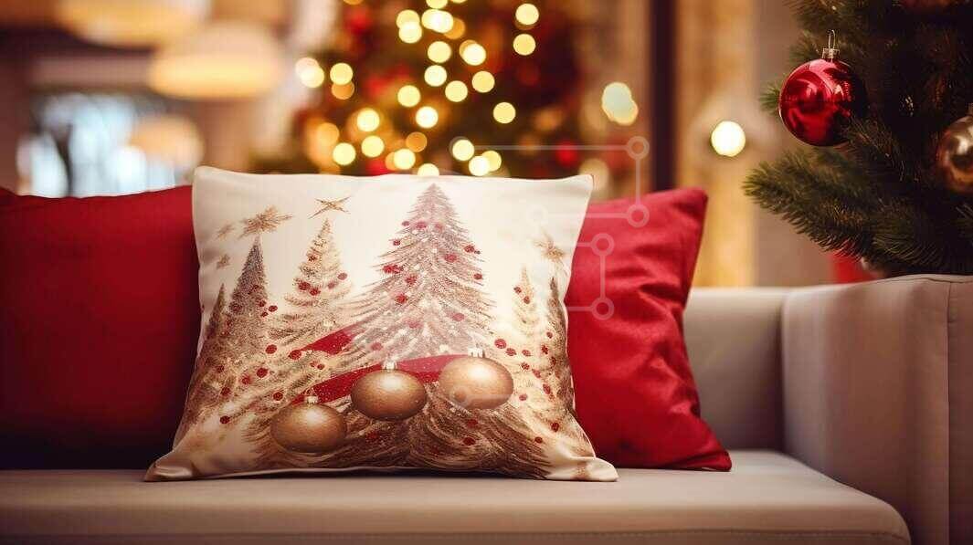 Festive Couch with Christmas Decorations stock photo | Creative Fabrica