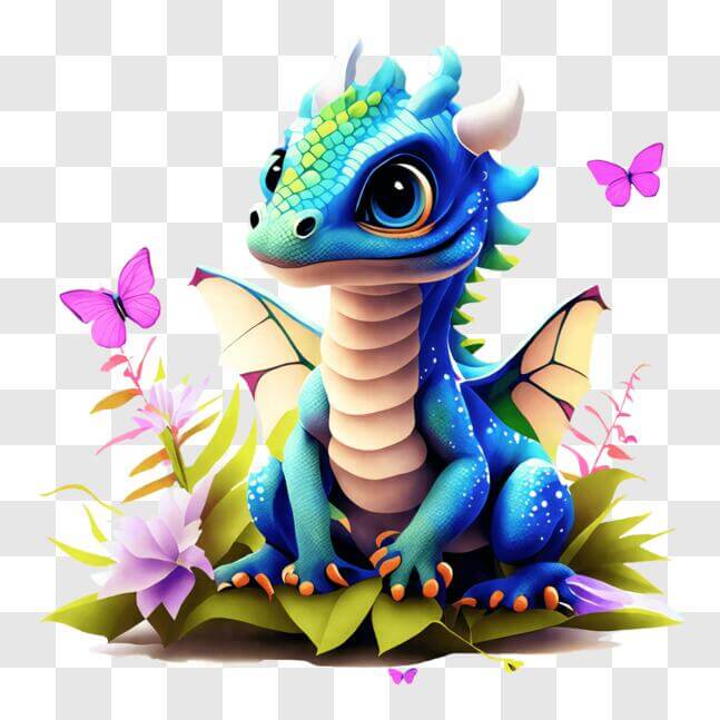 Download Cute Blue Dragon in Grass with Butterflies and Flowers PNGs ...