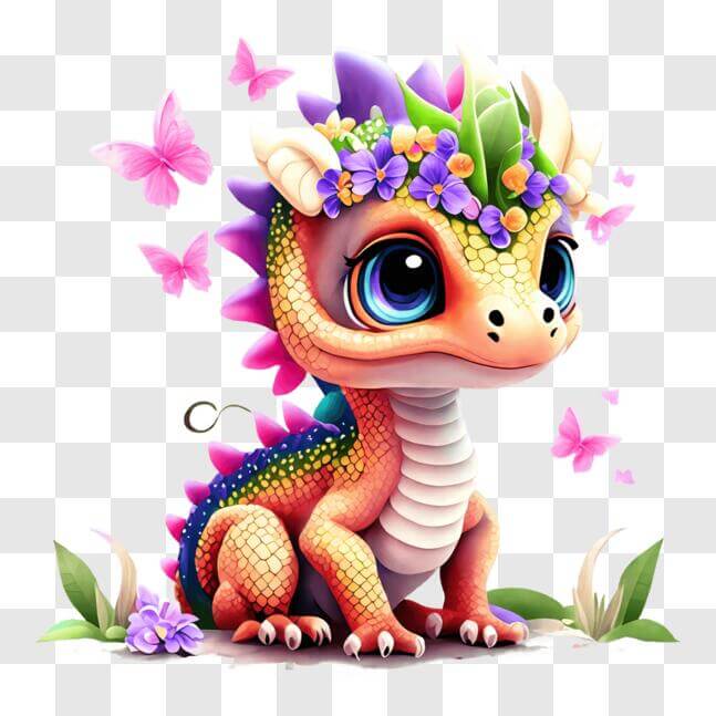 Download Cute Baby Dragon with Flowers and Butterflies PNGs Online ...