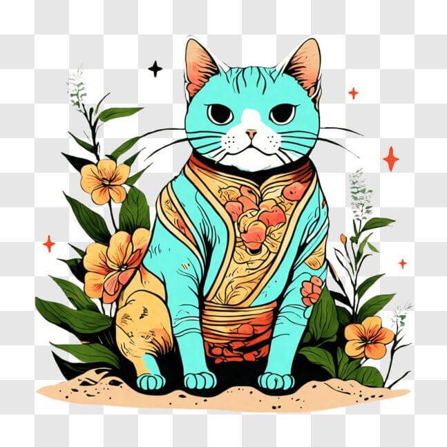 Download Blue Cat in Traditional Japanese Attire Surrounded by Flowers ...