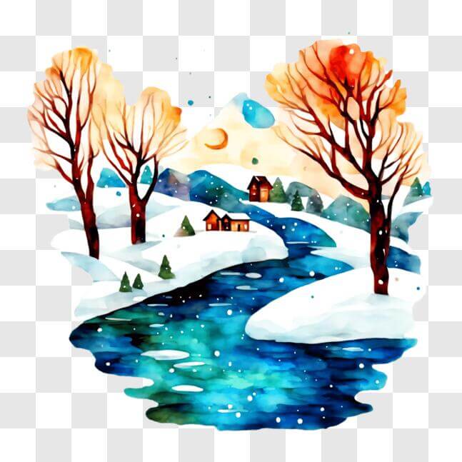 Download Winter Landscape with Snowy Trees and Cottages by the River ...