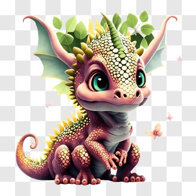 Download Illustration of a Small Pink Dragon with Green Leaves PNGs ...