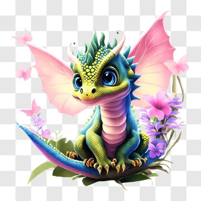 Download Fantasy Art: Blue and Pink Dragon with Flowers and Butterflies ...