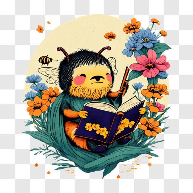 Download Cartoon Bee Reading Book in Flower Garden PNGs Online ...