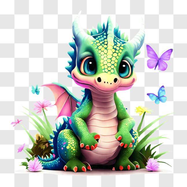 Download Cute Dragon in the Grass with Butterflies and Flowers PNGs ...