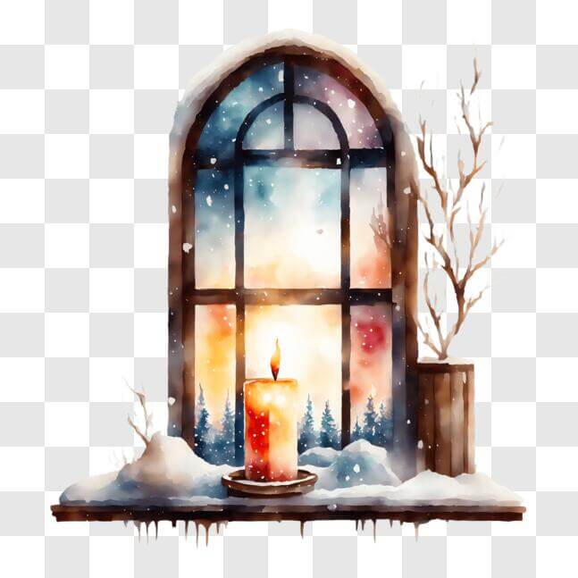 Download Winter Window Sill with Candle and Snow-covered Trees PNGs ...