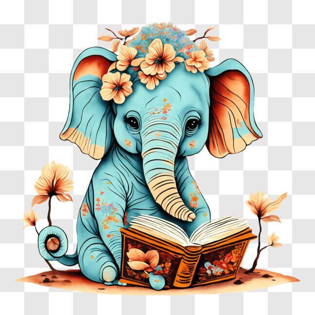 Download Elephant Reading Book with Flowers Crown PNGs Online ...