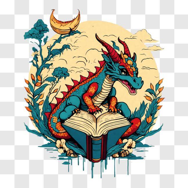 Download Colorful Dragon Reading Book with Moon in Background PNGs ...