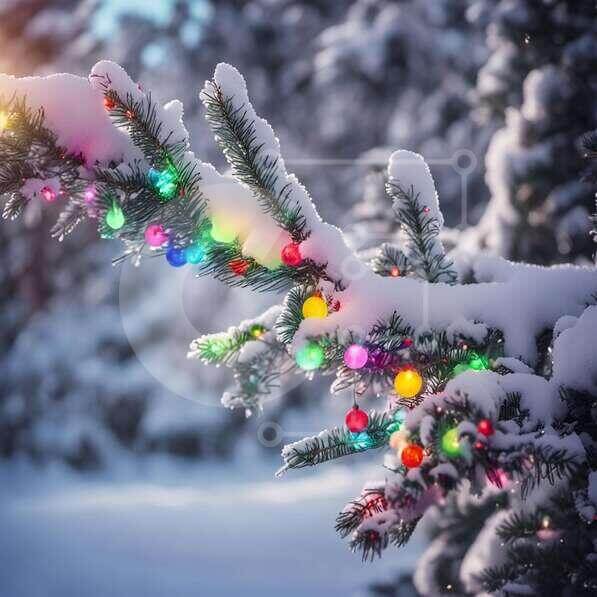 Snowy Tree Decorated with Colorful Christmas Lights stock photo ...