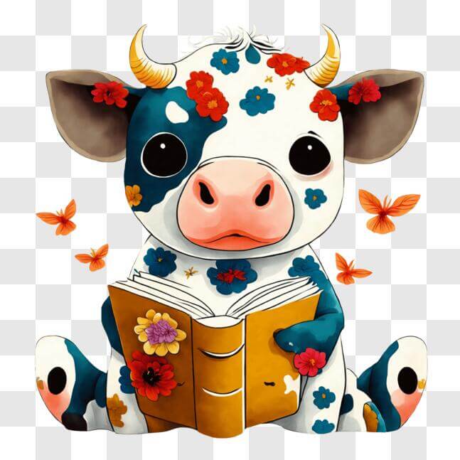 Download Cow reading a book surrounded by colorful flowers and ...