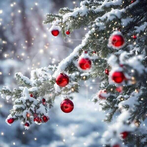 Christmas Tree with Red Ornaments in the Snow stock photo | Creative ...