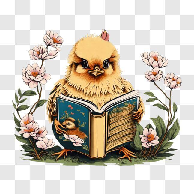 Download Adorable Chick Reading Book in Flower Garden PNGs Online ...