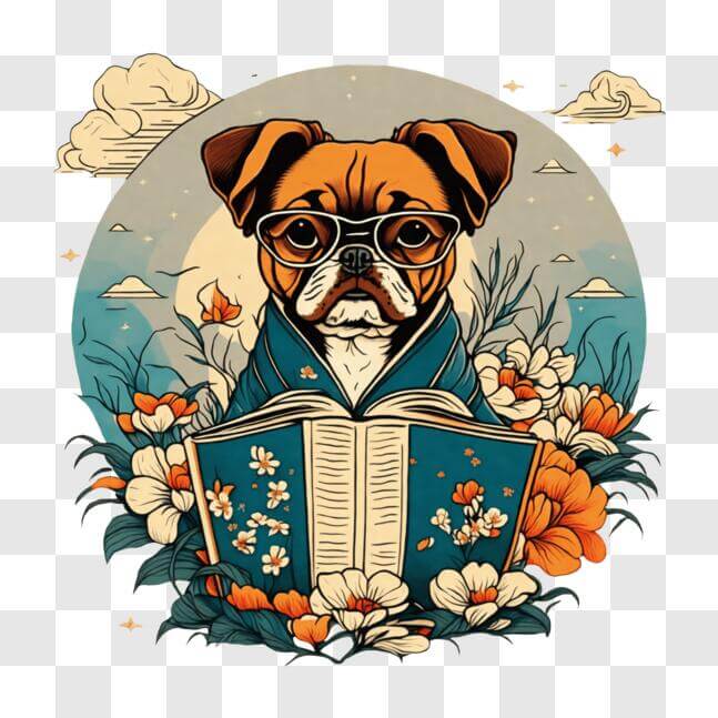 Download Pug Dog Reading Book in a Field of Flowers PNGs Online ...