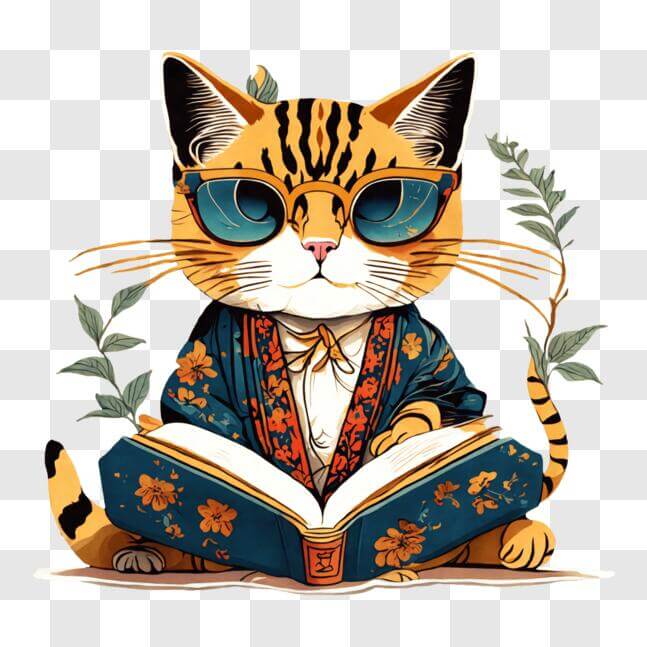 Download Cat Reading a Book with Glasses PNGs Online - Creative Fabrica