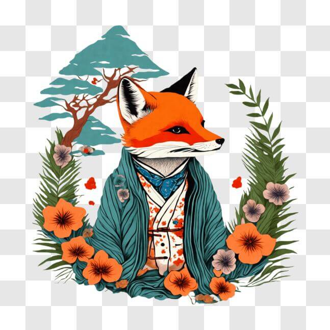 Download Japanese Inspired Illustration of Fox in a Flower Garden PNGs ...