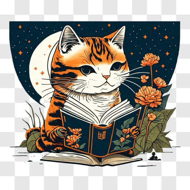 Download Cat reading a book surrounded by flowers PNGs Online ...