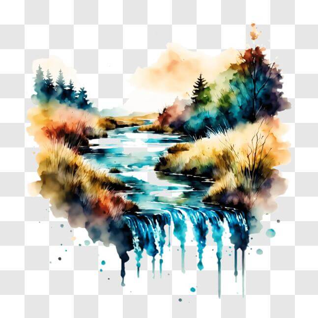 Download Abstract Watercolor Painting of a River with Waterfalls and ...