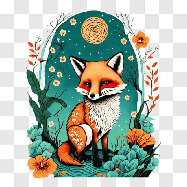 Download Orange Fox in Flower-filled Field with Moon PNGs Online ...