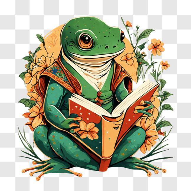 Download Green Frog Reading Book in Flower Garden PNGs Online ...