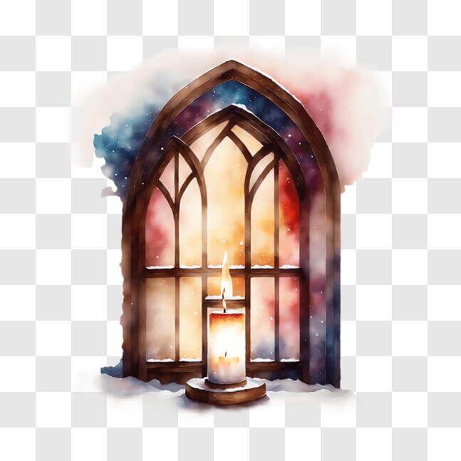 Download Arched Window with Candle and Snow - Watercolor Painting PNGs ...