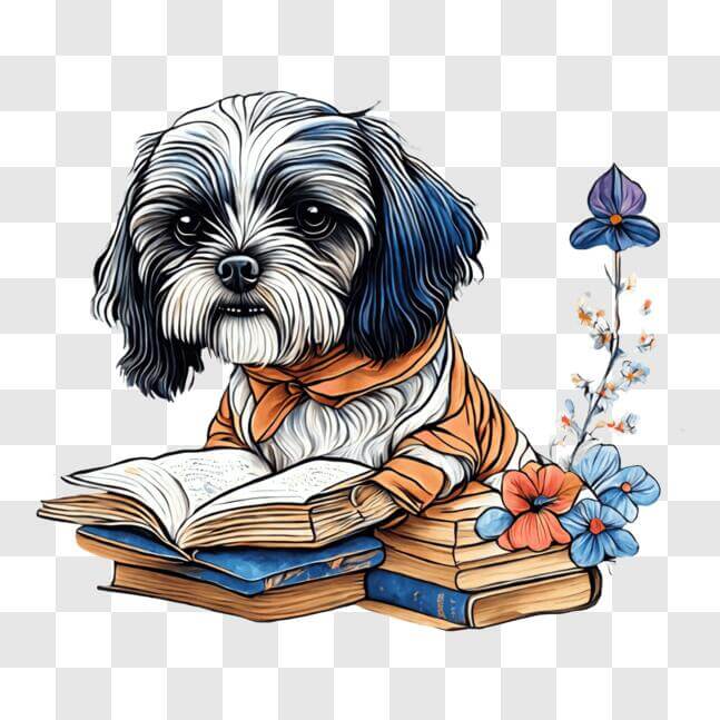 Descarga Perro pequeño leyendo en libros con flores PNGs En Línea ...